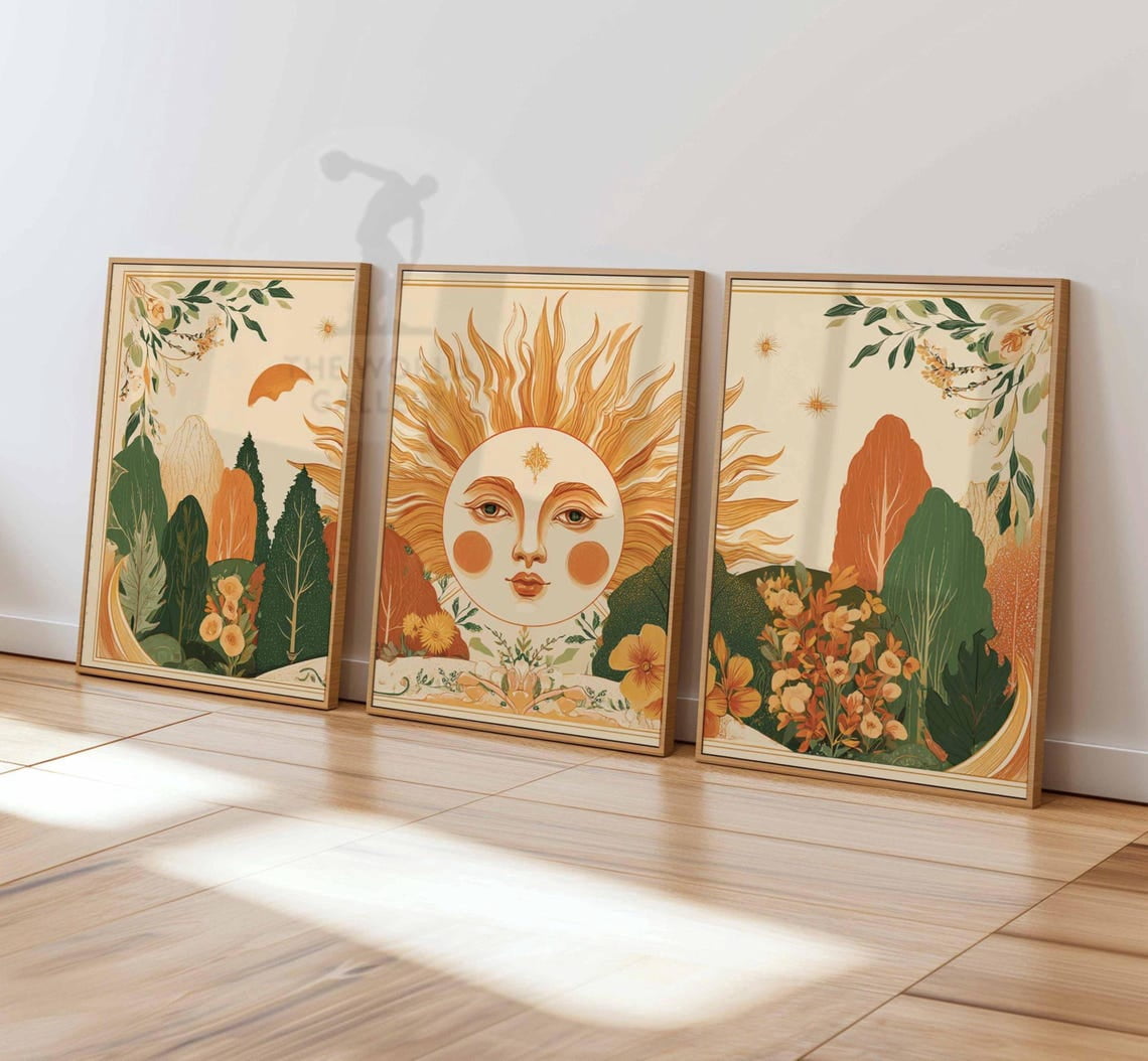 Boho Sun Botanical Retro Face Floral Landscape Earthy Bohemian Living ...