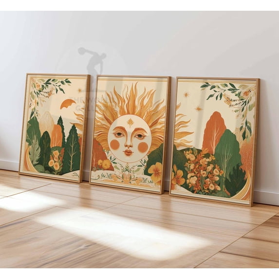 Boho Sun Botanical Retro Face Floral Landscape Earthy Bohemian Living ...