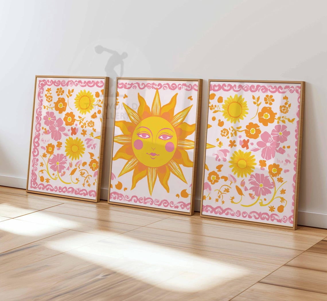 Boho Sun Face Retro Floral Botanical Decor Art Set 3 Stretched Canvas ...