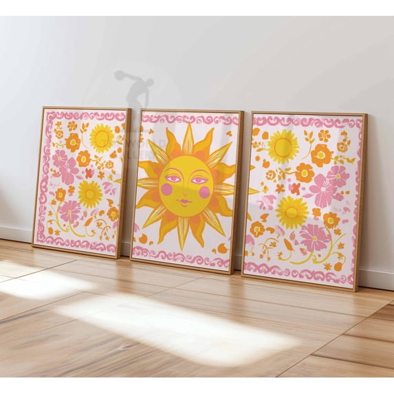 Boho Sun Face Retro Floral Botanical Decor Art Set 3 Unframed Paper ...