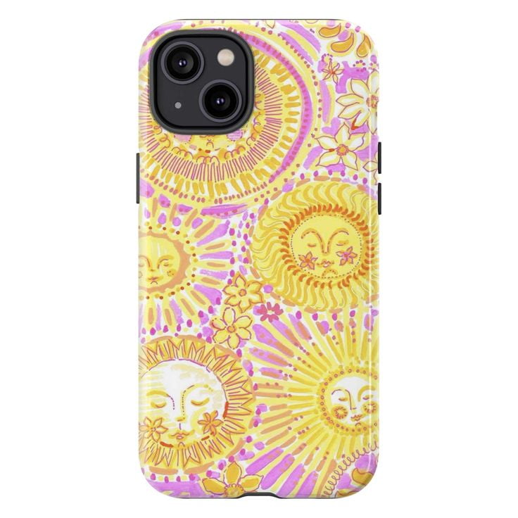 Boho Sun & Floral Phone Case, Yellow Magenta Hippie Sun Face Art Cover ...