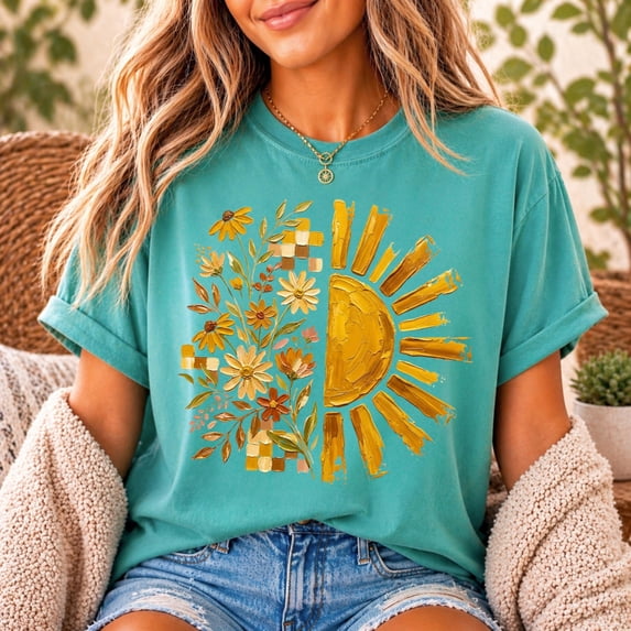 Boho Sun Floral Shirt Tee Retro Sunshine Graphic Tee Nature Aesthetic ...