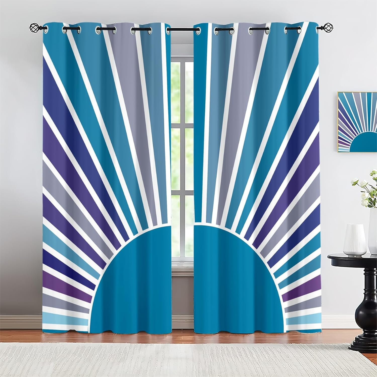 Boho Sun Kids Blackout Curtains, Abstract Purple Blue Grey Rays Print ...
