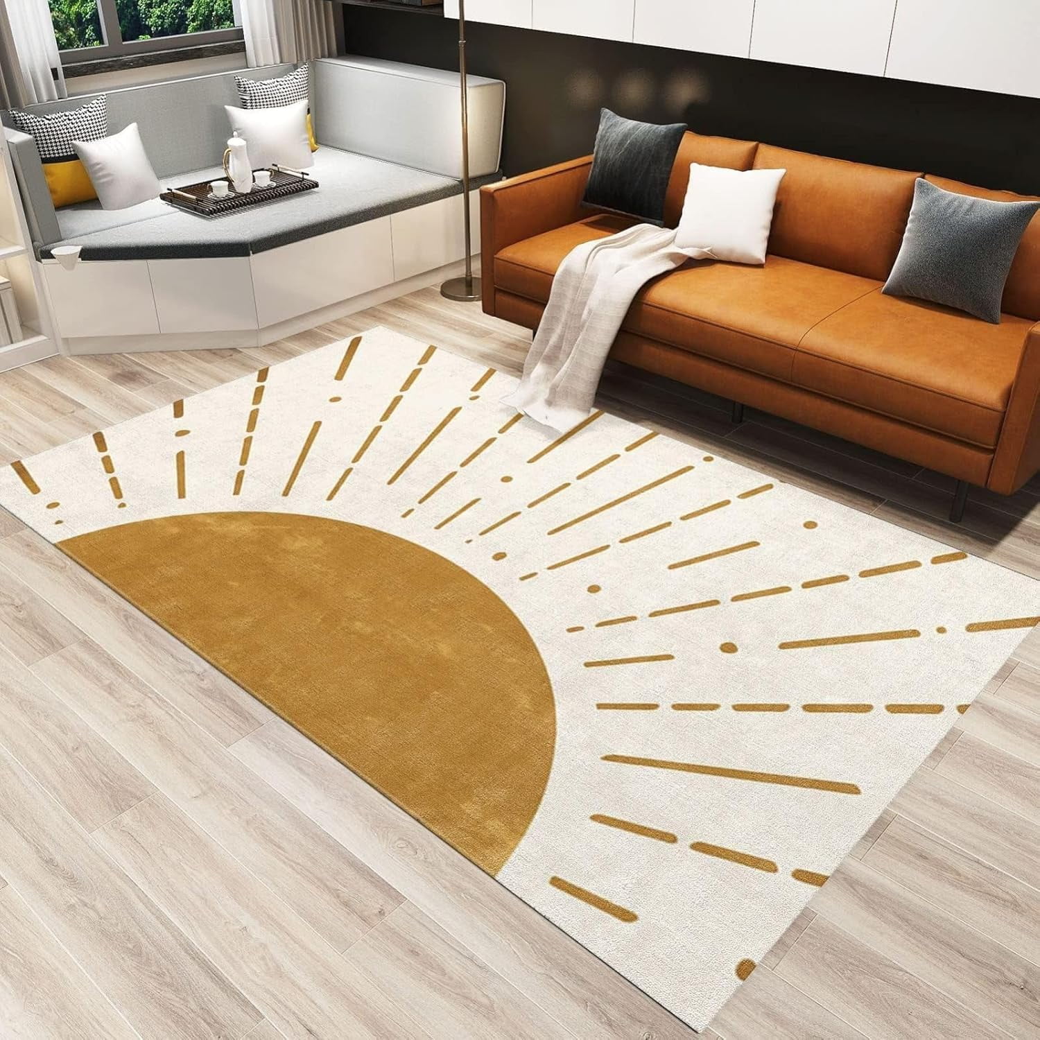 Boho Sun Modern Area Rug, Horizontal Sunset Abstract Rainbow Carpet ...