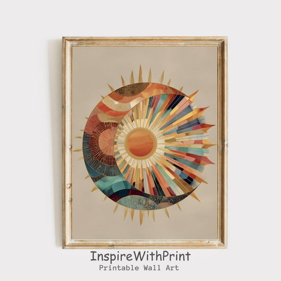 Boho Sun And Moon Poster Midcentury Modern Earth Tone Wall Art, Boho ...