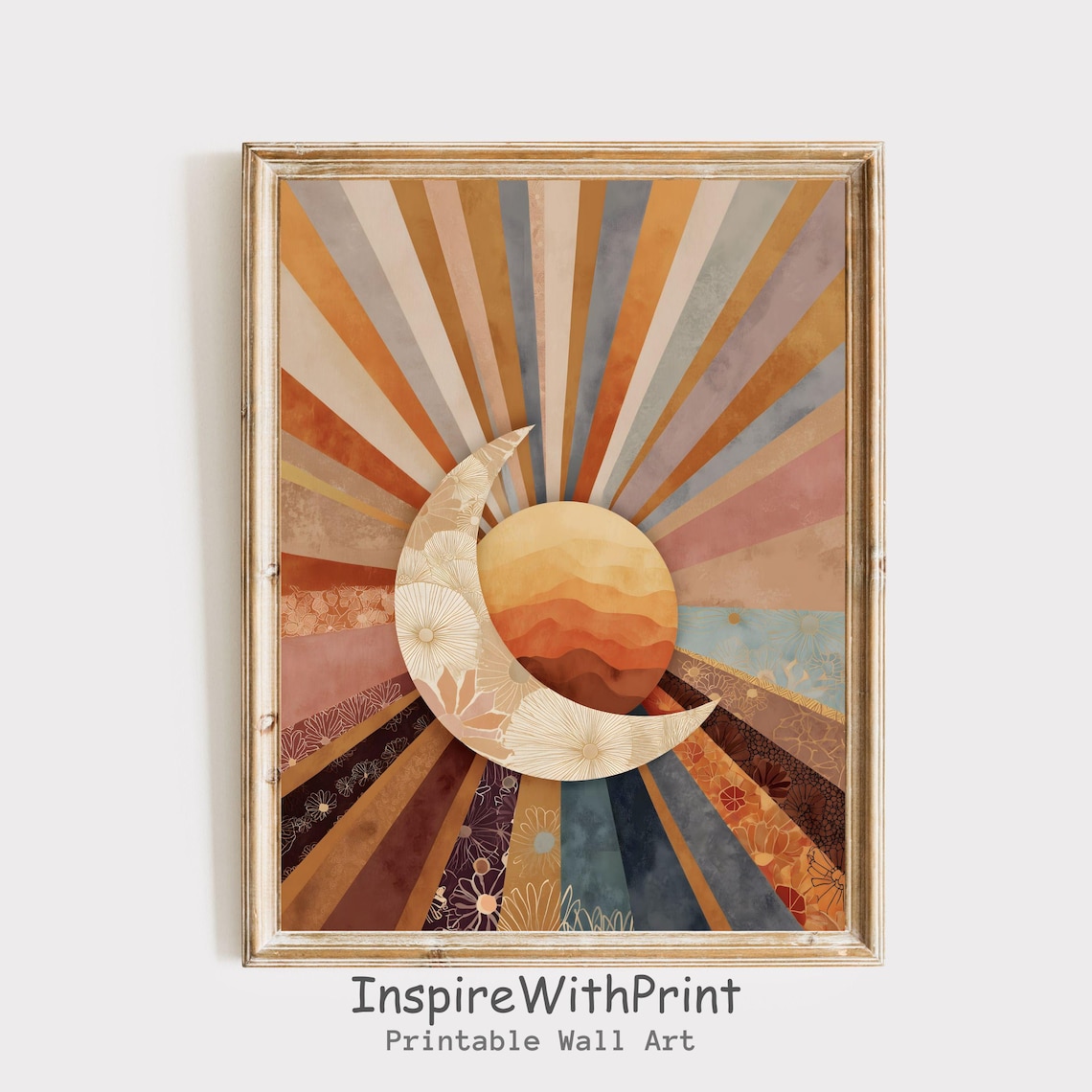 Boho Sun And Moon Poster Midcentury Modern Earth Tone Wall Art, Boho ...