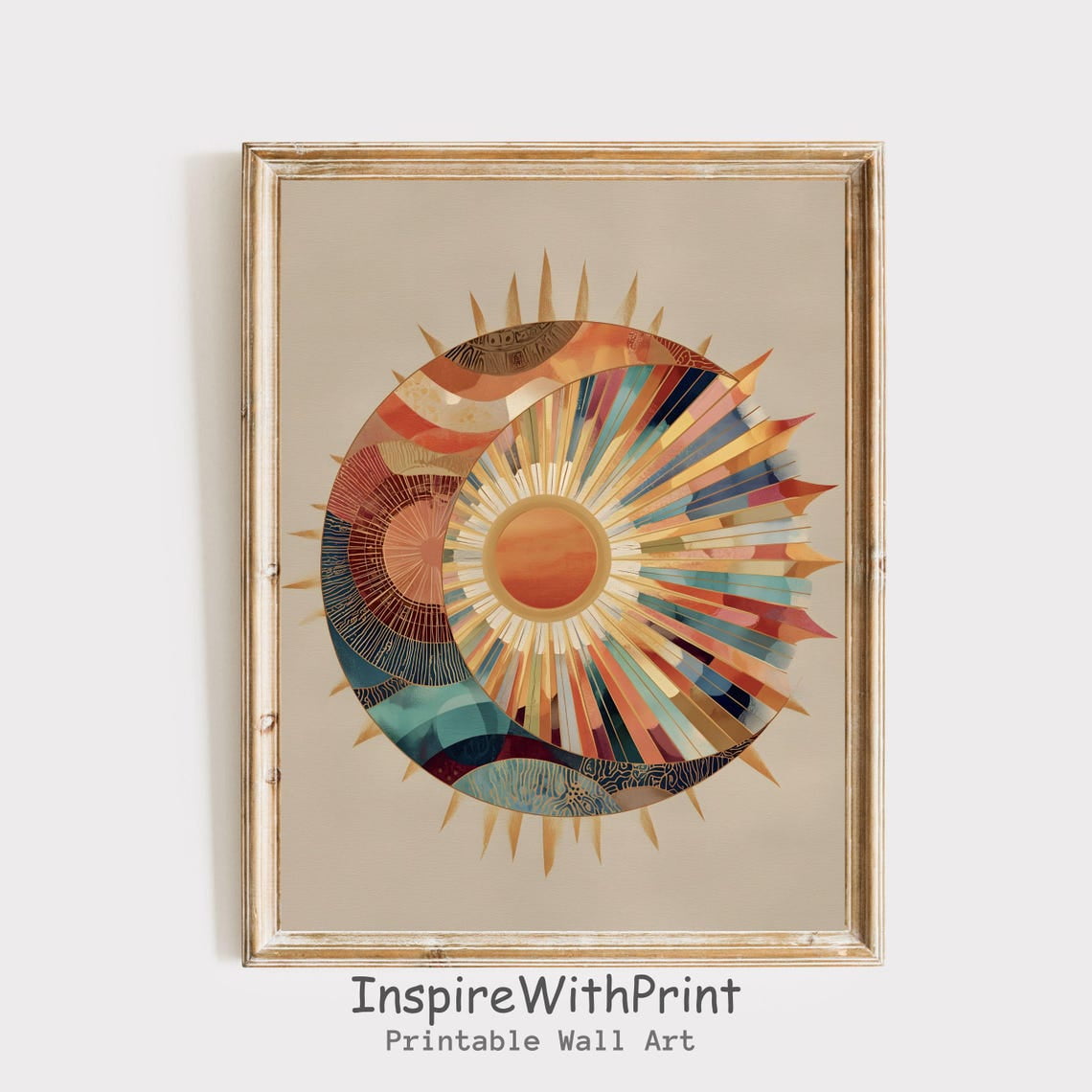 Boho Sun And Moon Poster Midcentury Modern Earth Tone Wall Art, Boho ...