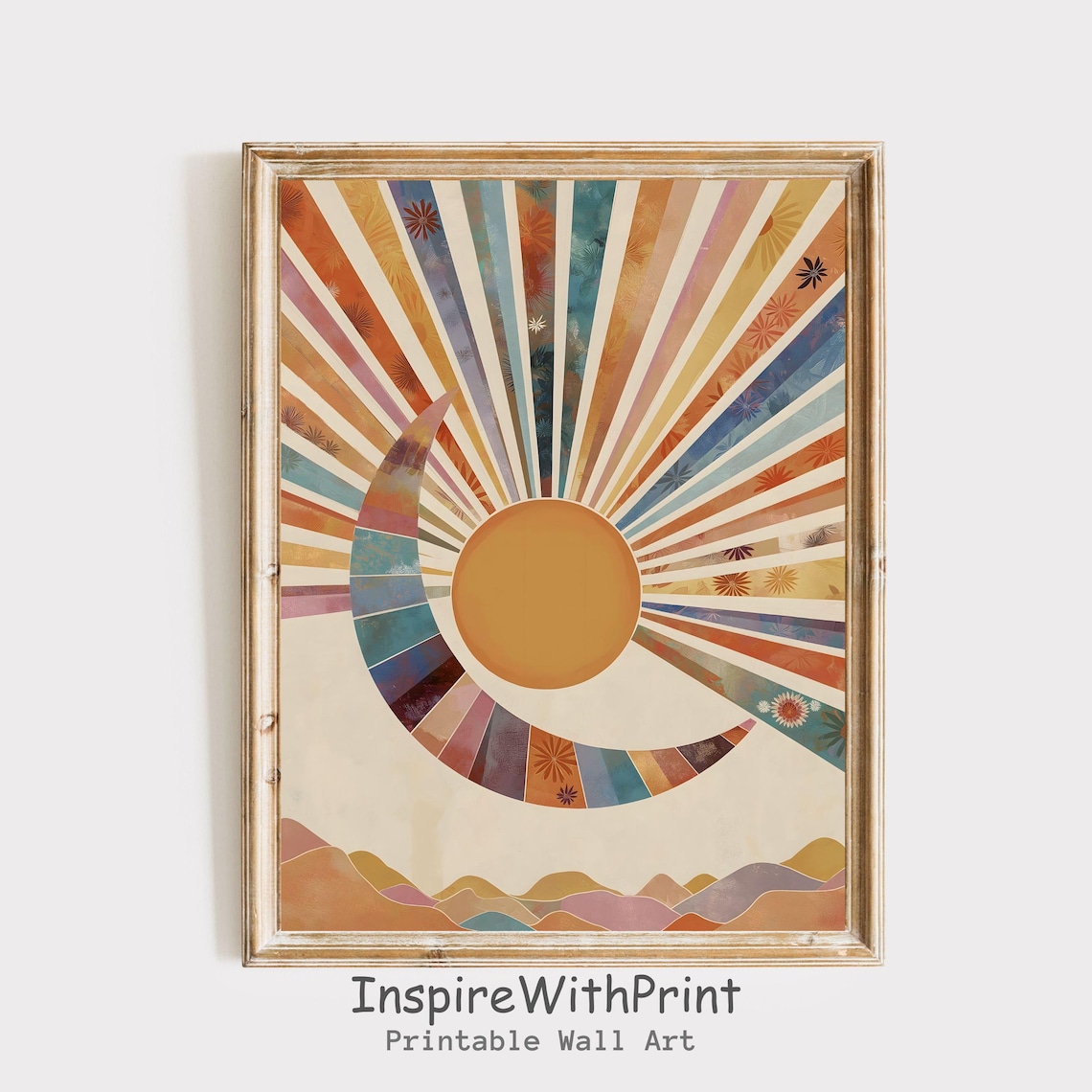 Boho Sun And Moon Poster Midcentury Modern Earth Tone Wall Art, Boho ...