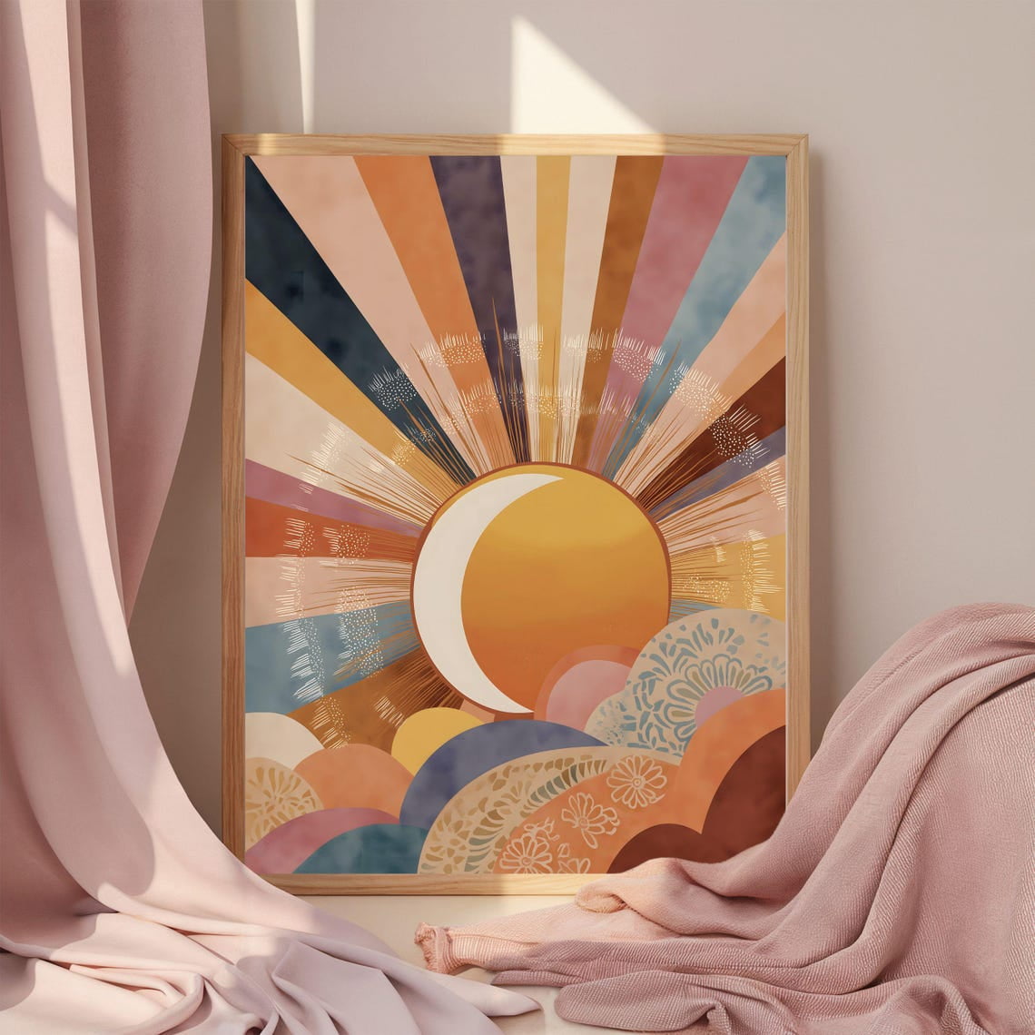 Boho Sun And Moon Poster Midcentury Modern Earth Tone Wall Art, Boho ...
