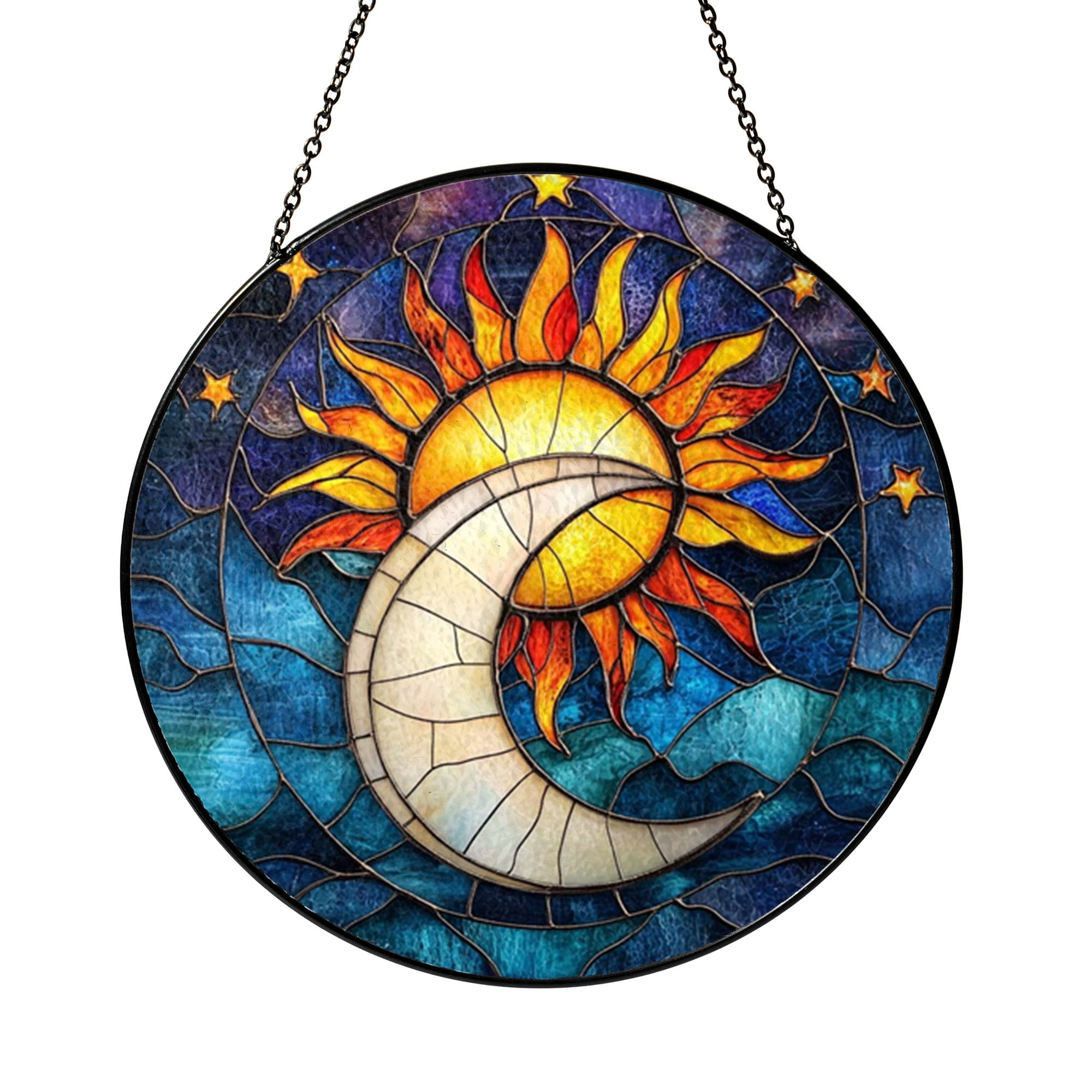 Boho Sun Moon Stained Glass Style Suncatcher, Celestial Decorative ...