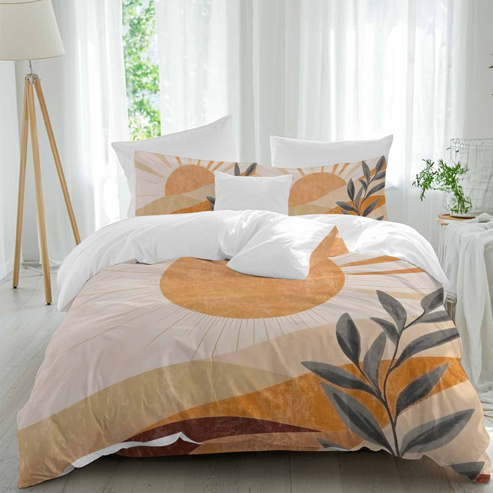 Boho Sun Mountains Abstract Leaves Queen Size Bed Set,Mid Century Retro ...