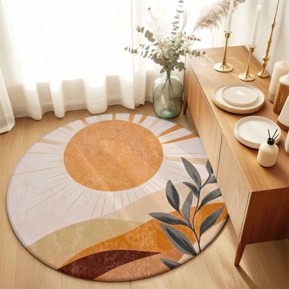 Boho Sun Mountains Abstract Leaves Round Rug 3ft Mid Century Retro ...