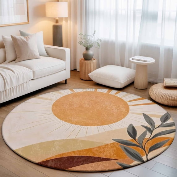 Boho Sun Mountains Abstract Leaves Round Rug 5ft Mid Century Retro ...