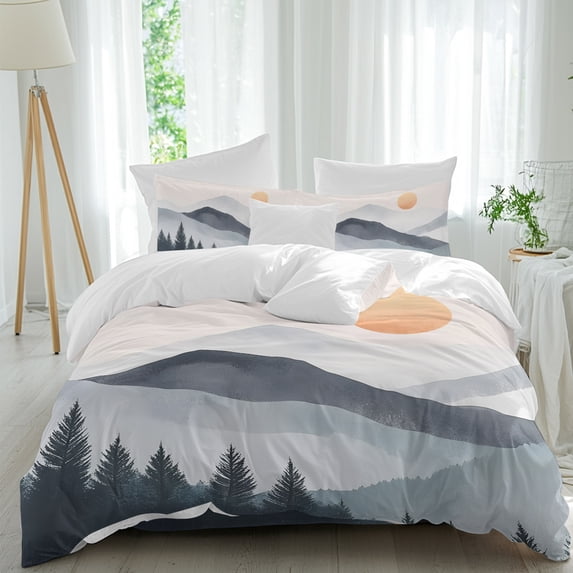 Boho Sun Mountains Forest Shadow Full Size Bed Set,Abstract Geometric ...