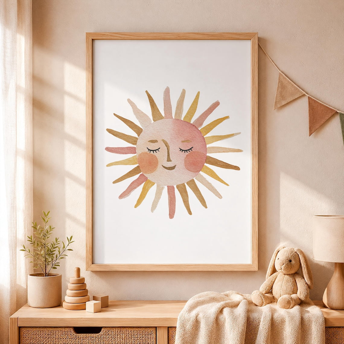 Boho Sun Nursery Wall Art, Smiling Sun Poster, Unframed Paper Poster ...