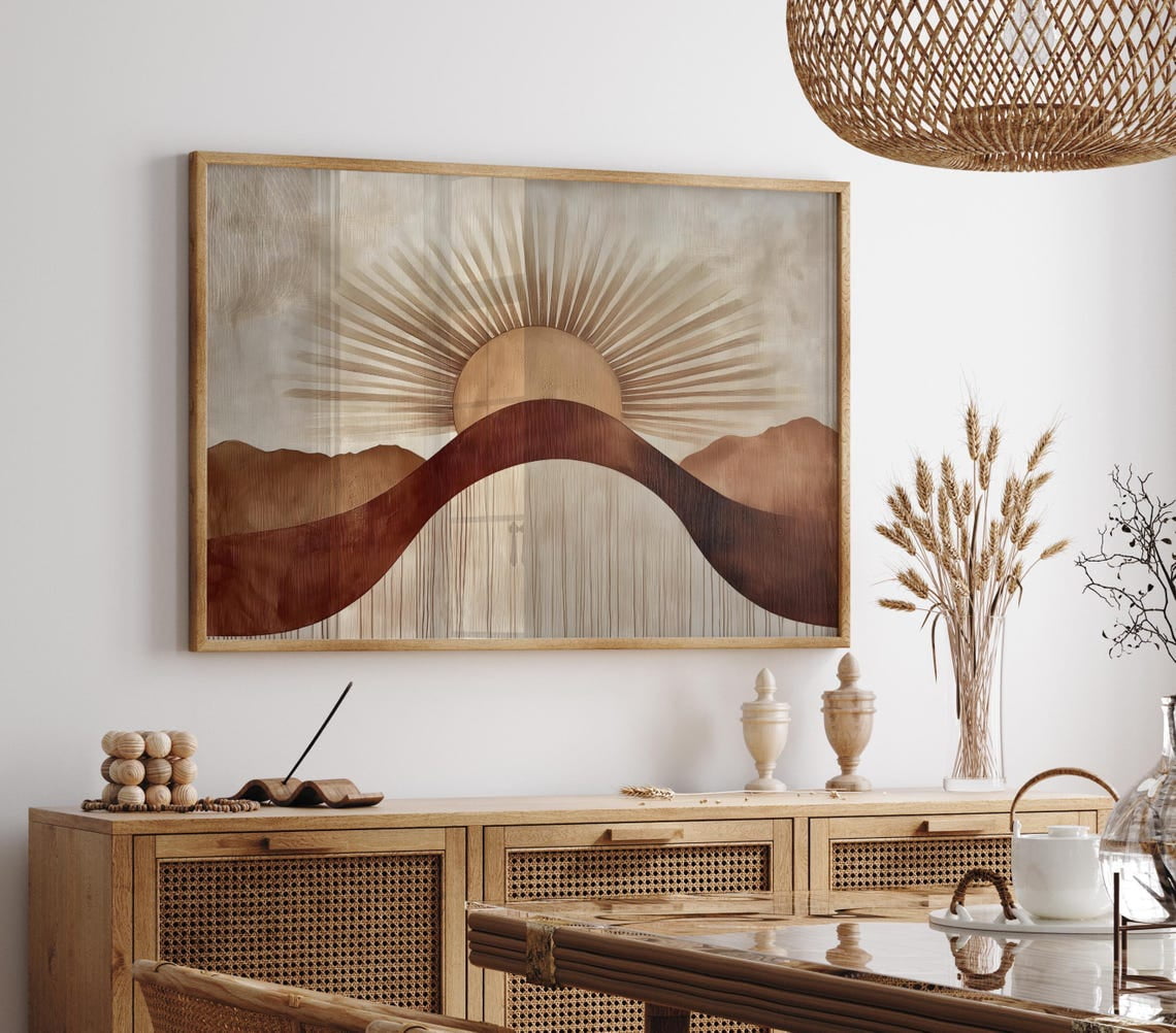 Boho Sun Poster, Abstract Mountain Sun, Sunshine Poster, Mid Century ...