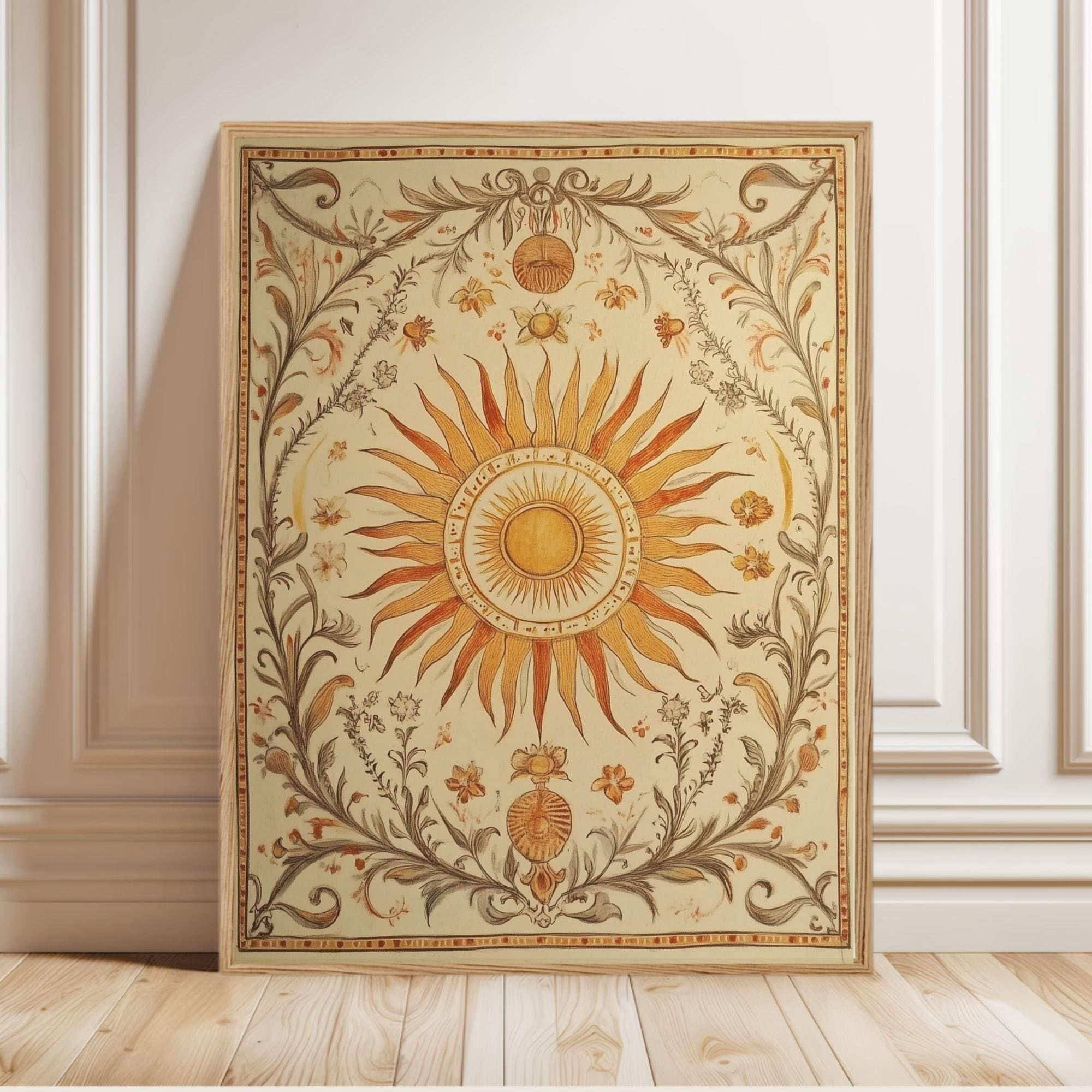 Boho Sun Poster Earth Tone Vintage Rose Floral Wall Art , Poster Print ...