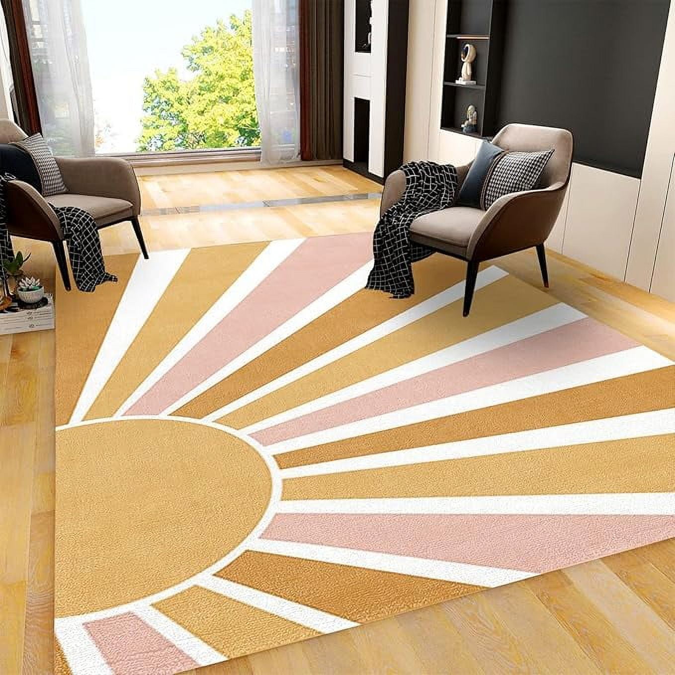 Boho Sun Rainbow Area Rug, Mid Century Sunset Abstract Print Rugs, Non ...