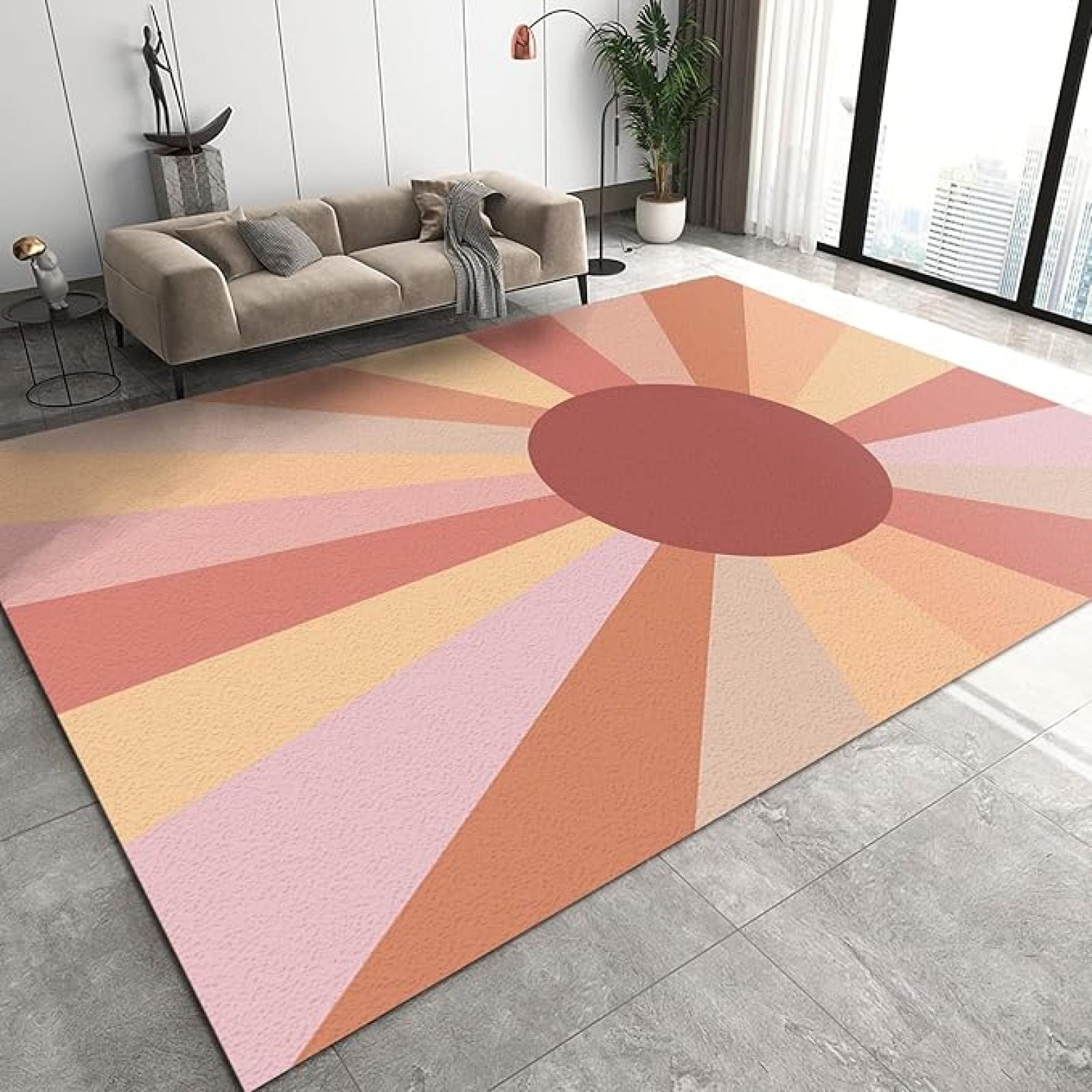 Boho Sun Rays Area Rug, Colorful Abstract Rays Non Slip Noise Reduction ...