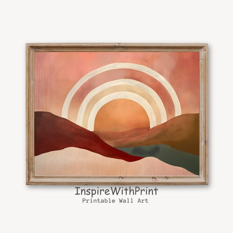 Boho Sun Wall Art, Abstract Mountain Sun , Printable MCM Landscape Art ...