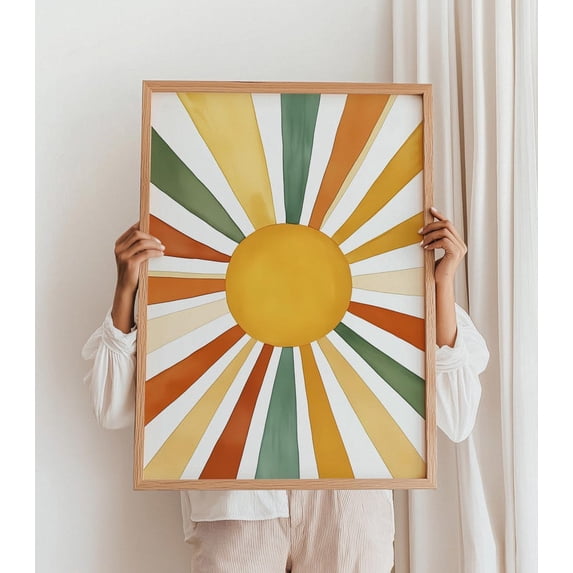 Boho Sunburst Retro Sun Rays Wall Art Print, Unframed Paper Poster ...