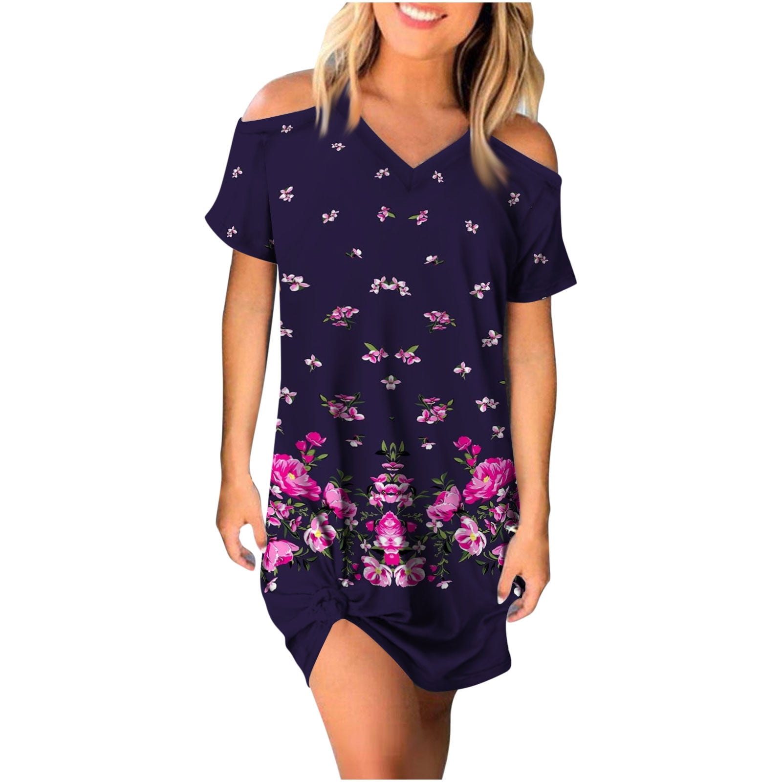 Boho Sundresses for Women Cold Shoulder Mini Tunic Dress Beach Vacation ...