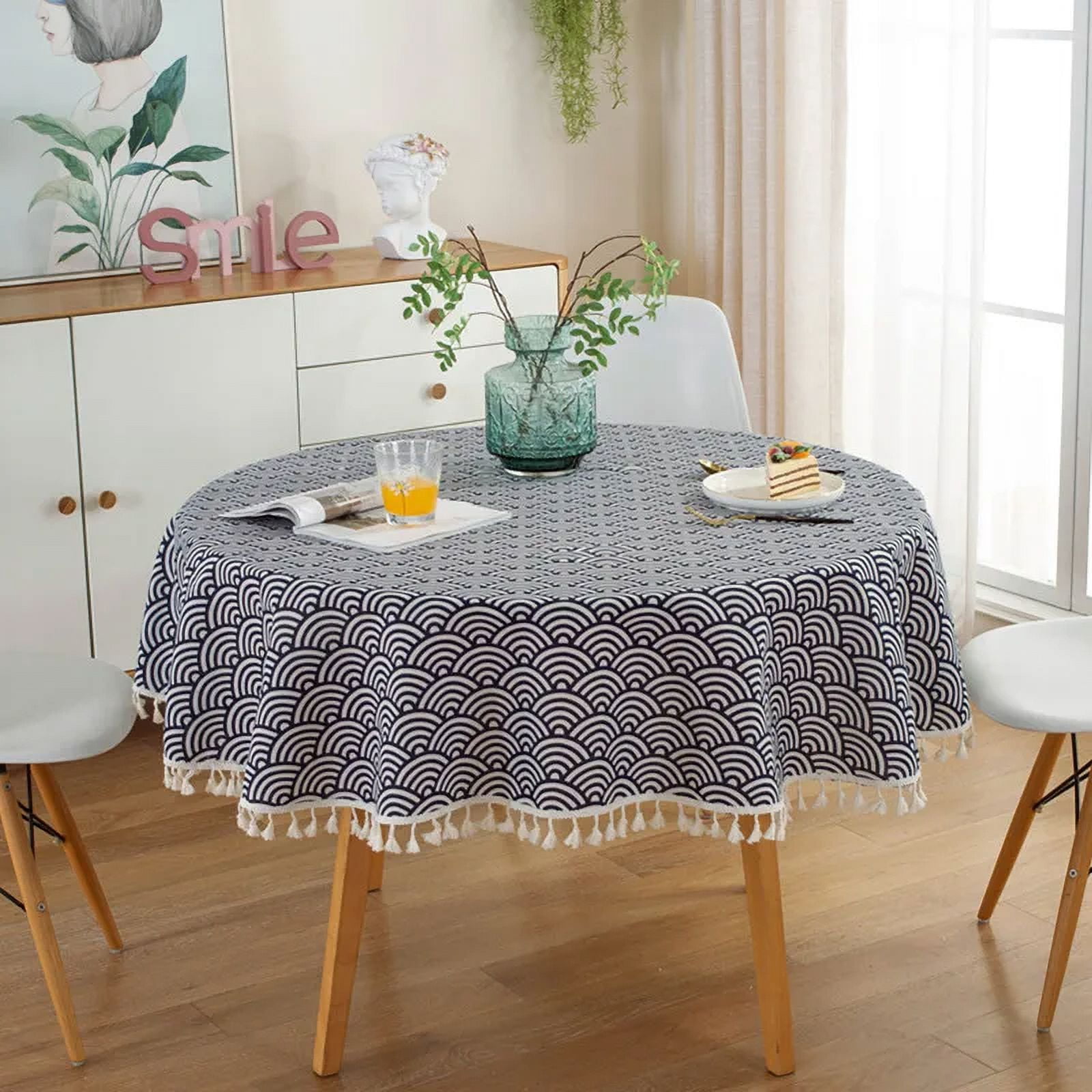 Boho Sunflower Cotton Linen with Tassel Tablecloth Round Tablecloth for ...