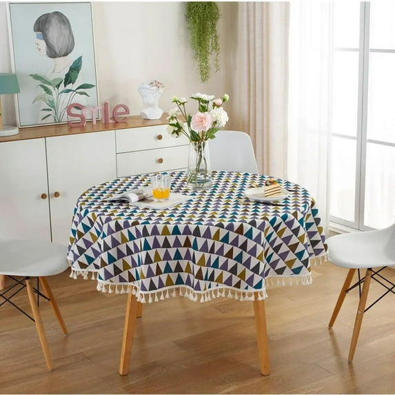 Boho Sunflower Cotton Linen with Tassel Tablecloth Round Tablecloth for ...