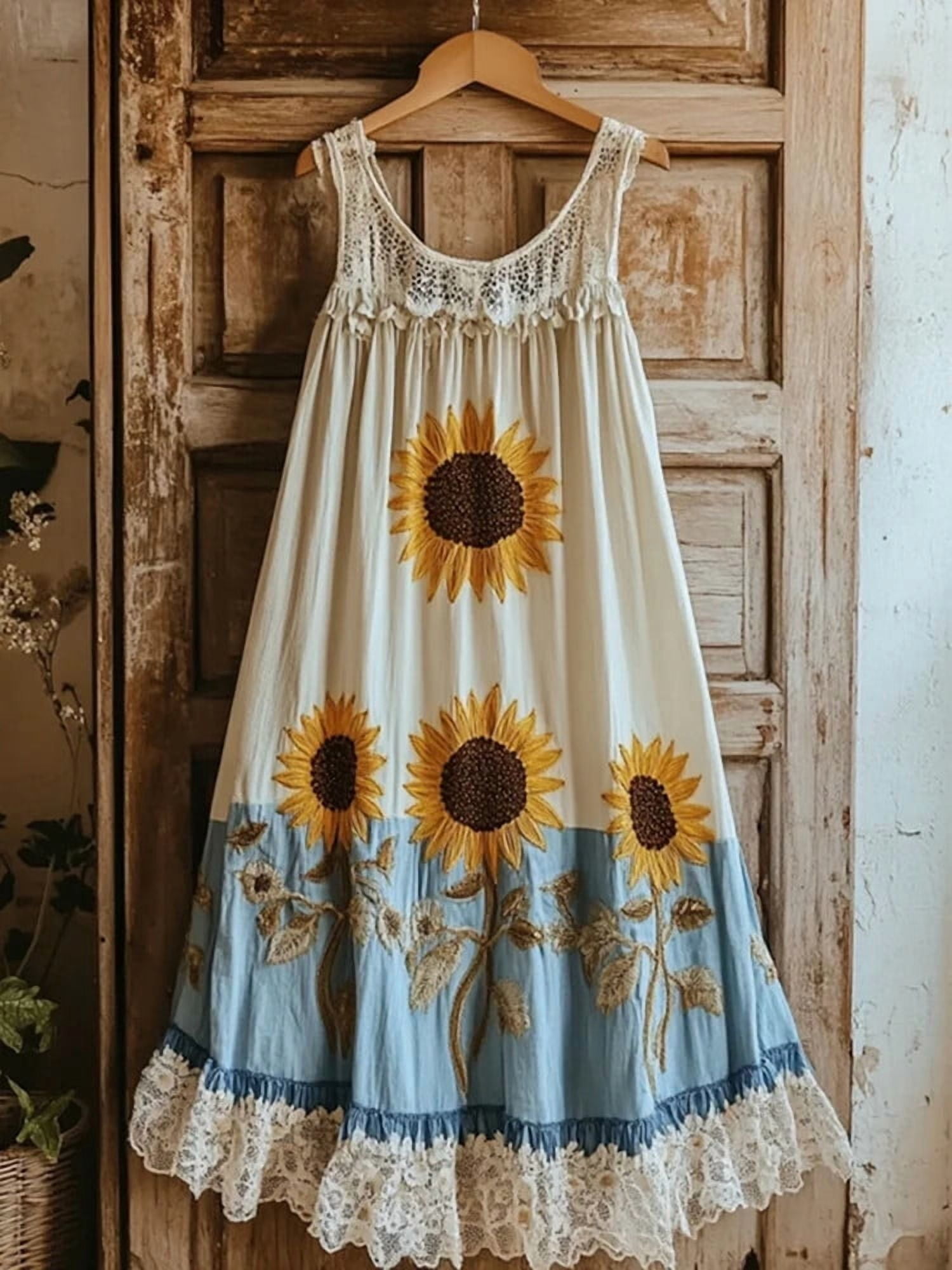 Boho Sunflower Print Sleeveless Maxi Dress, Vintage Two-Tone Lace Trim ...