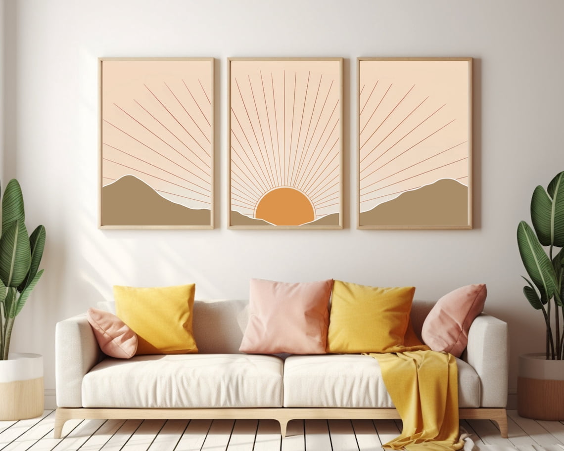 Boho Sunrise Minimalist Landscape Wall Art Neutral Sun Artwork ...
