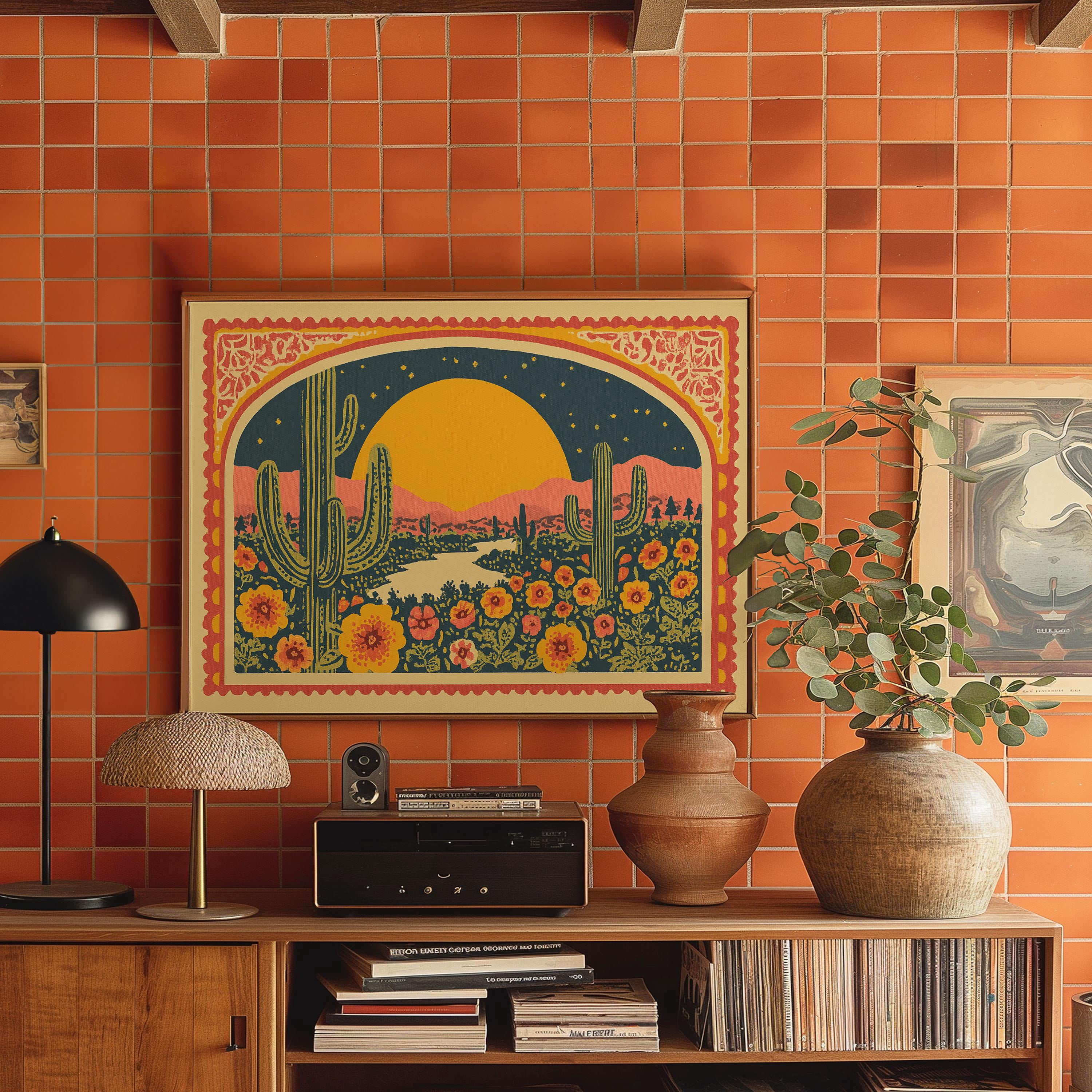 Boho Sunset Desert Landscape Wall Art Vintage Floral Horizon Print ...