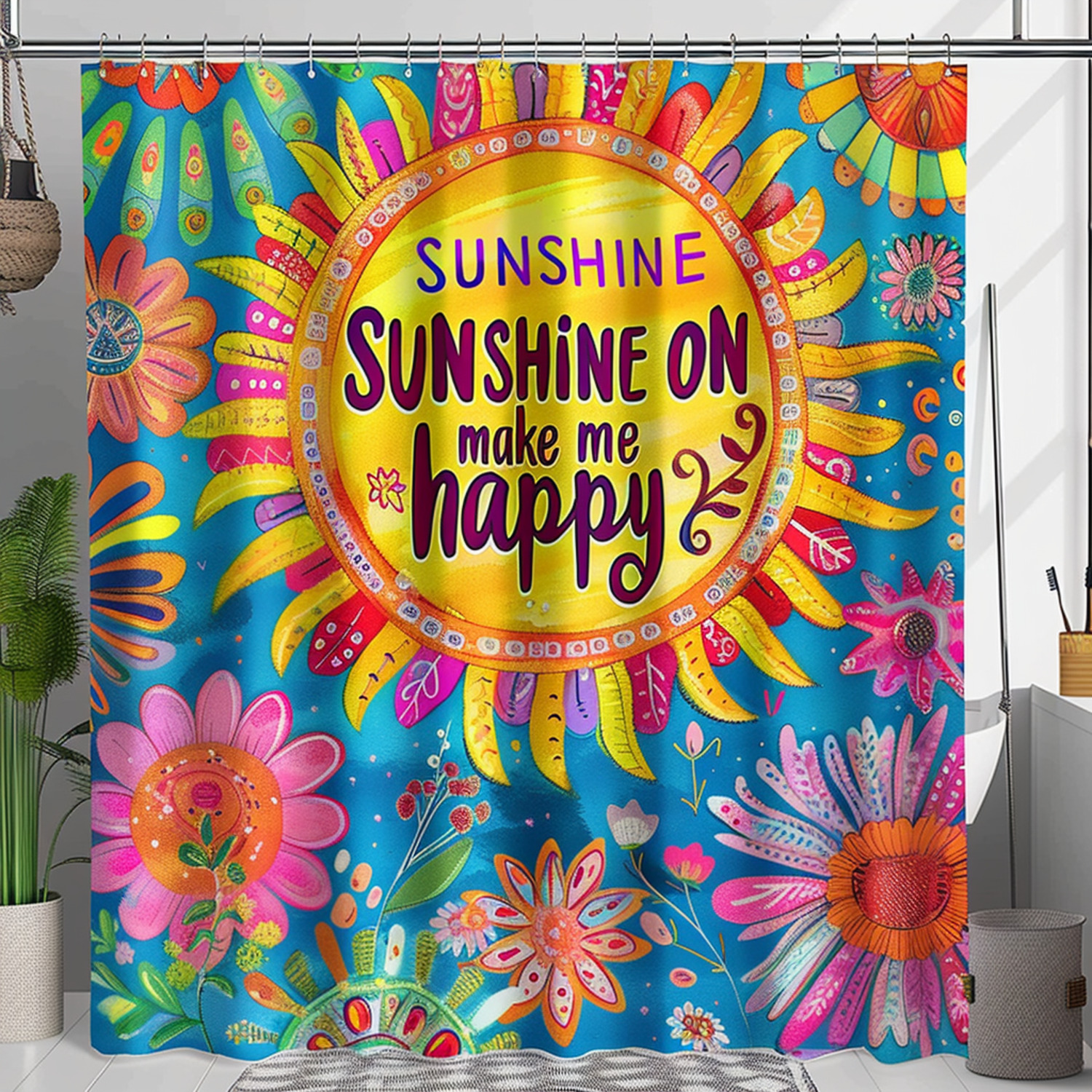 "Boho Sunshine Shower Curtain Vibrant Sun Design with Cheerful Flowers ...