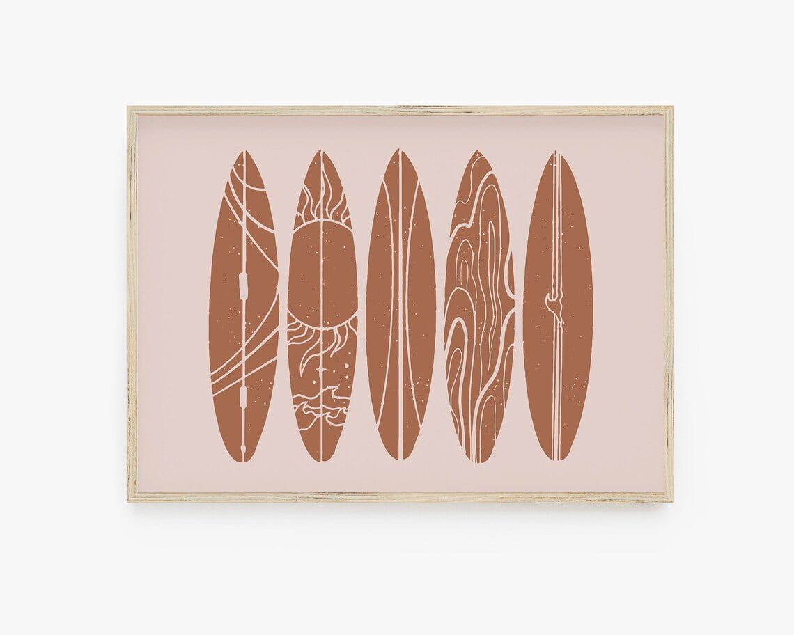 Boho Surf Art Surfboard Poster Beach Decor Abstract Pink Terracotta ...