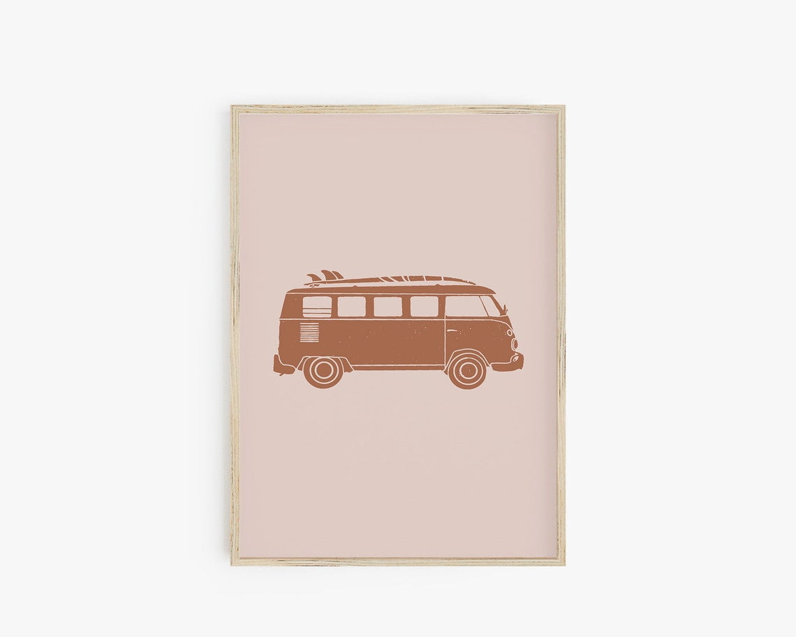 Boho Surf Van Retro Poster Beach Decor Pink Terracotta Dorm Room Art ...