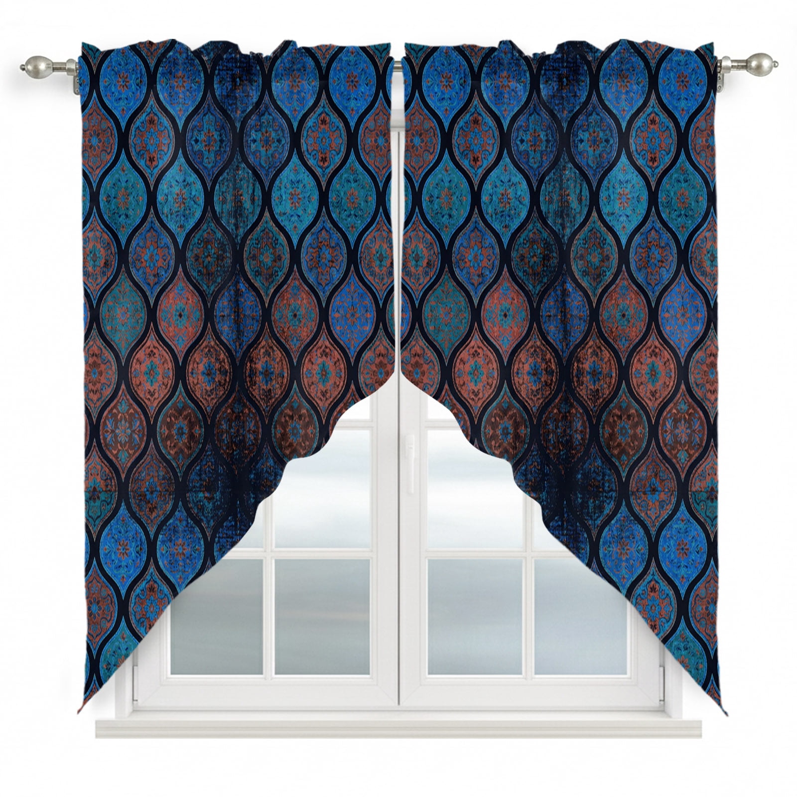 Boho Swag Curtain Valance for Window 2 Panels Moroccan Trellis Blue Red ...