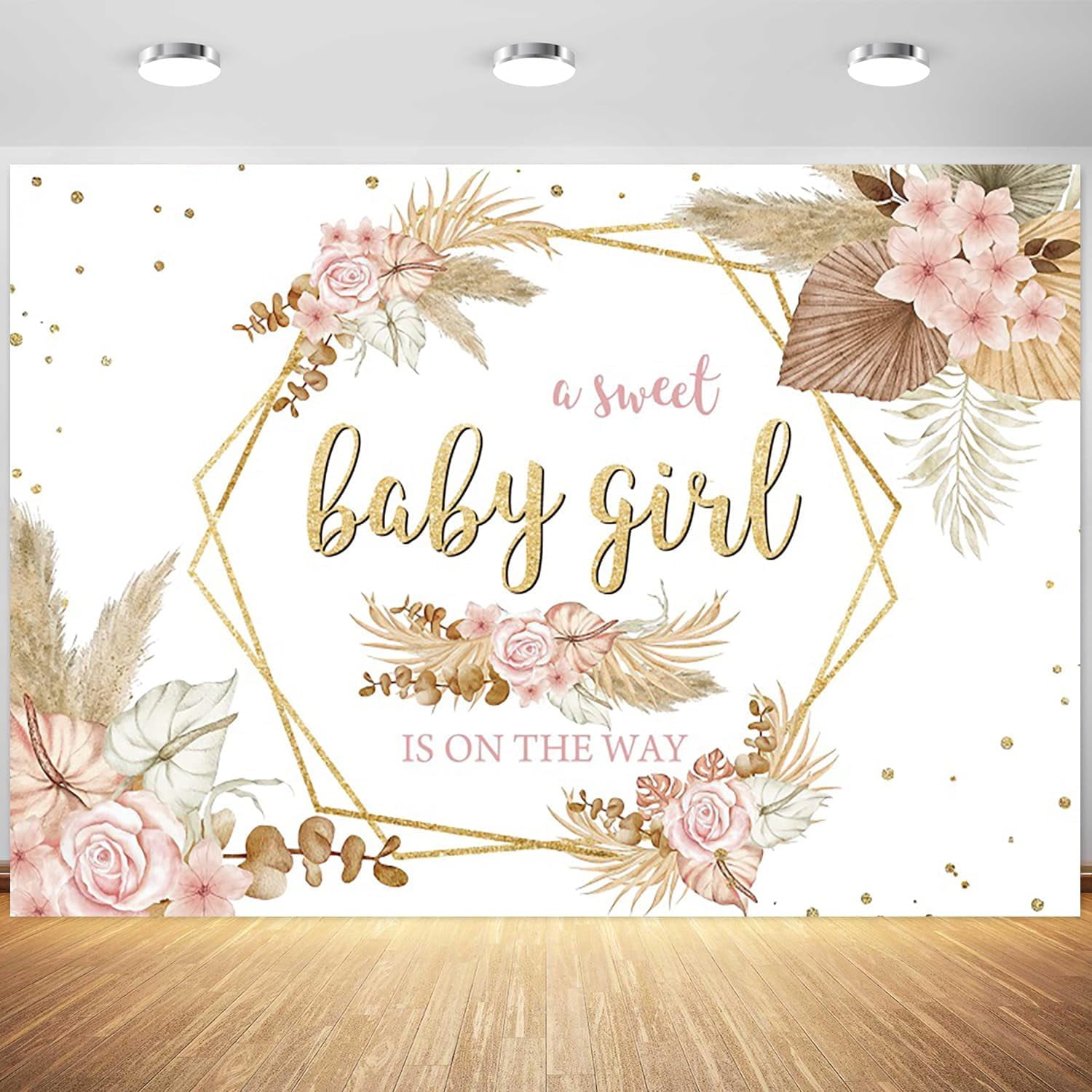 Boho Sweet Baby Girl Backdrop Baby Shower Bohemian Pink Flowers ...