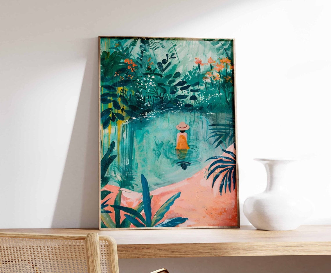 Boho Swimming Print, Bathing Female Art, Bathroom Decor, Swimming ...