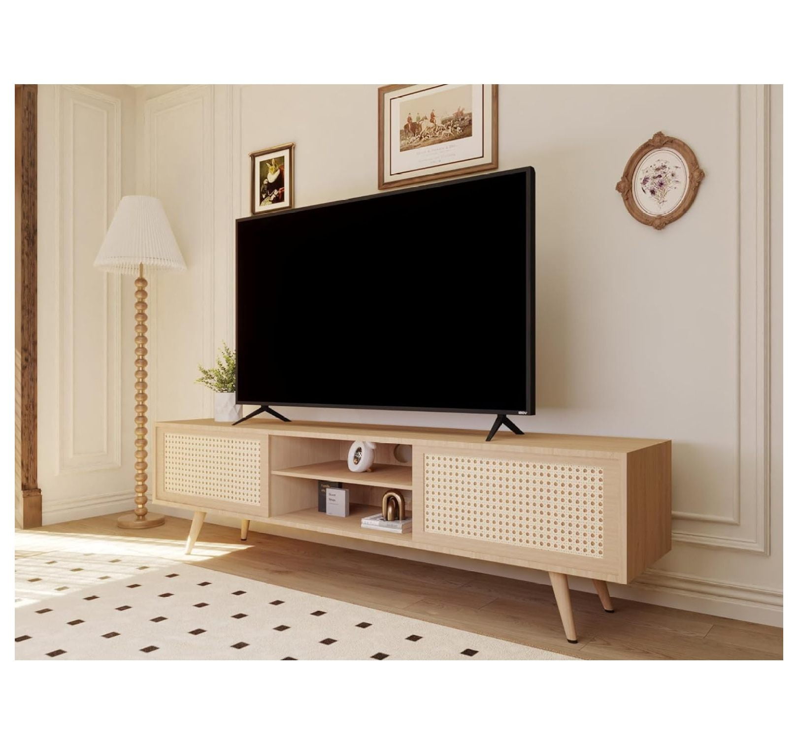 Boho TV Stand for 55/65 Inch TV, Rattan Entertainment Center with ...
