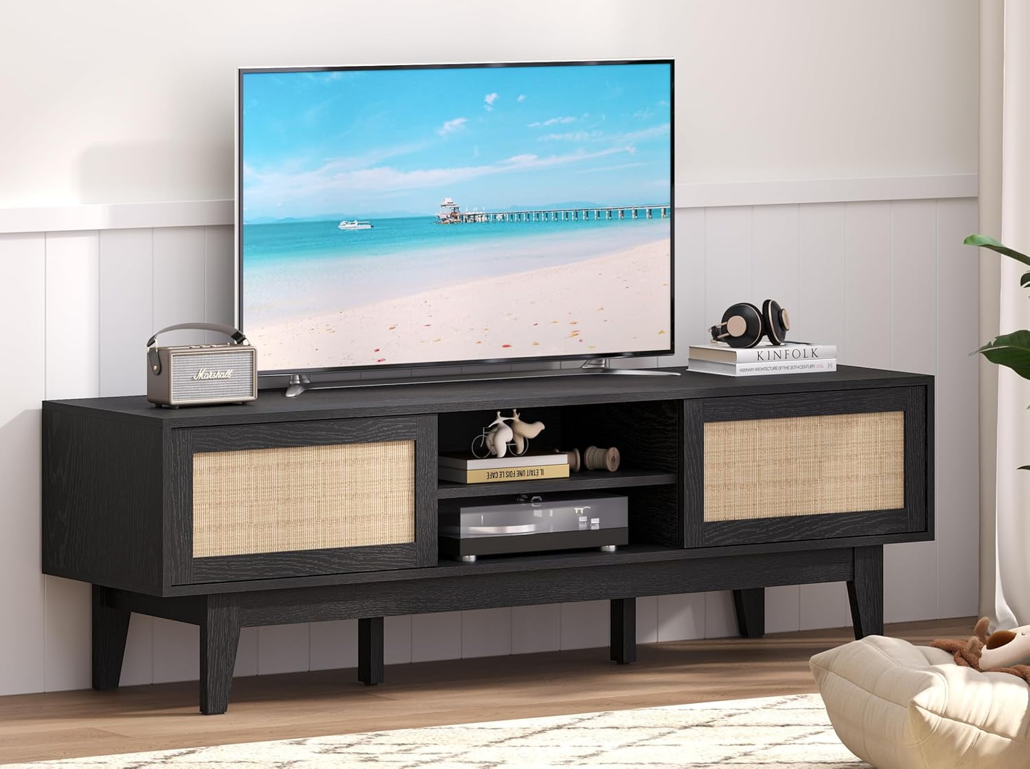 Boho TV Stand for 55 65 Inch TV, Rattan Entertainment Center with ...