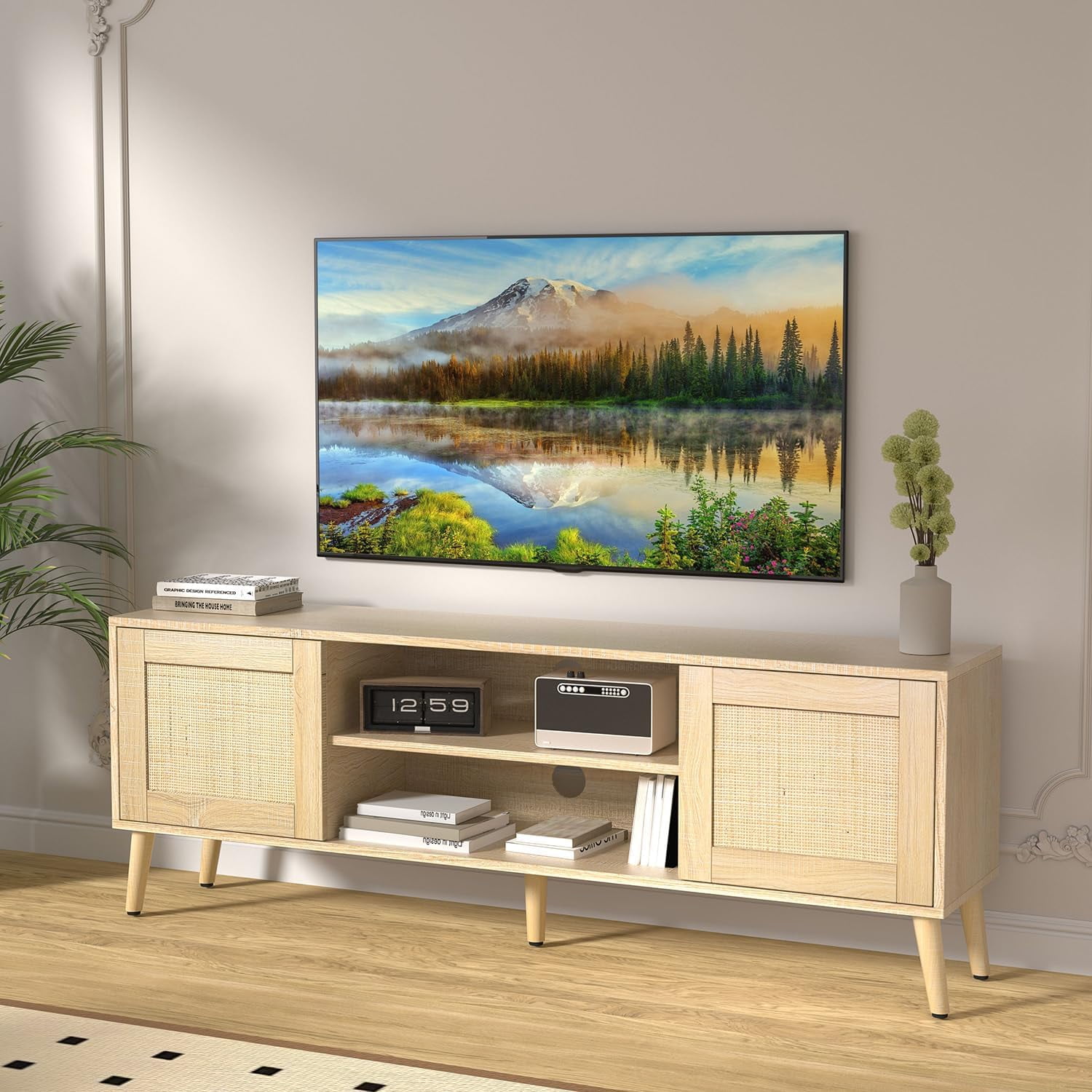 Boho TV Stand for 65 Inch TV,Entertainment Center with Adjustable Shelf,Rattan Console with 2 ...