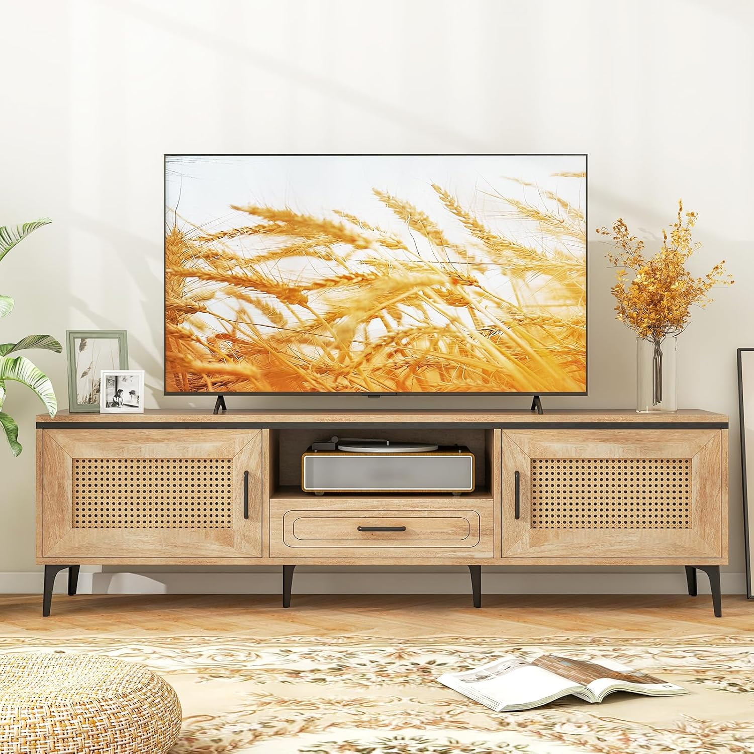 Boho TV Stand for 65 Inch TVs, Mid Century Modern Media Entertainment ...