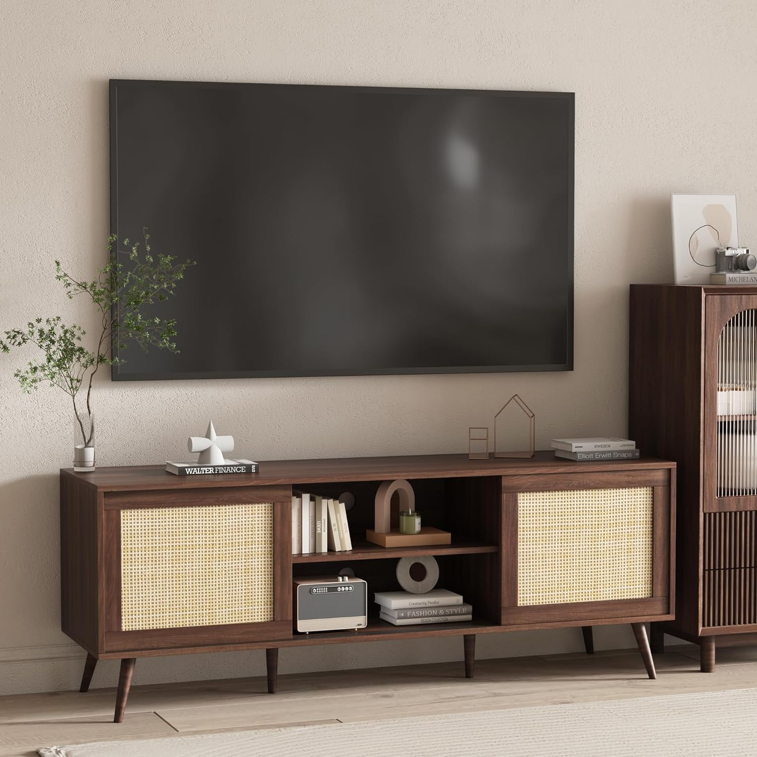Boho TV Stand for 70 Inch TV, Entertainment Center with Sliding Doors ...