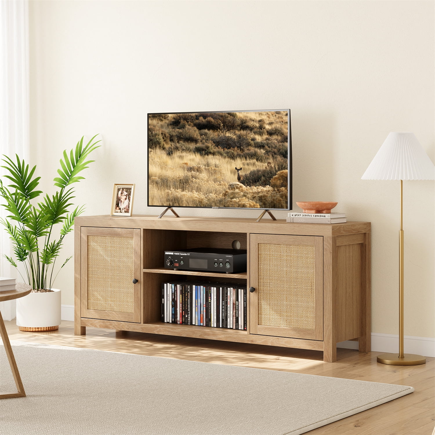 Boho TV Stand, Rattan Entertainment Center with Storage, Wood TV & Media Console Under TV ...