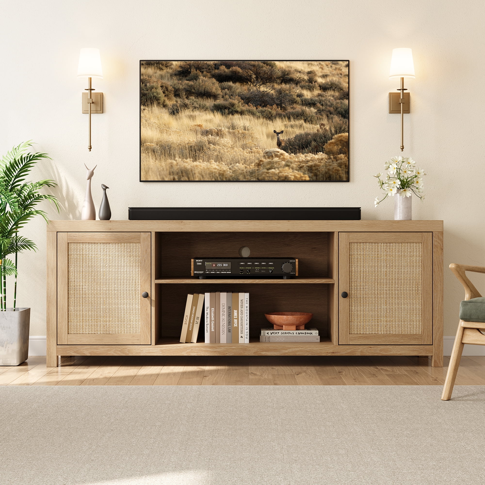 Boho TV Stand for TV, Entertainment Center with Adjustable Shelf ...