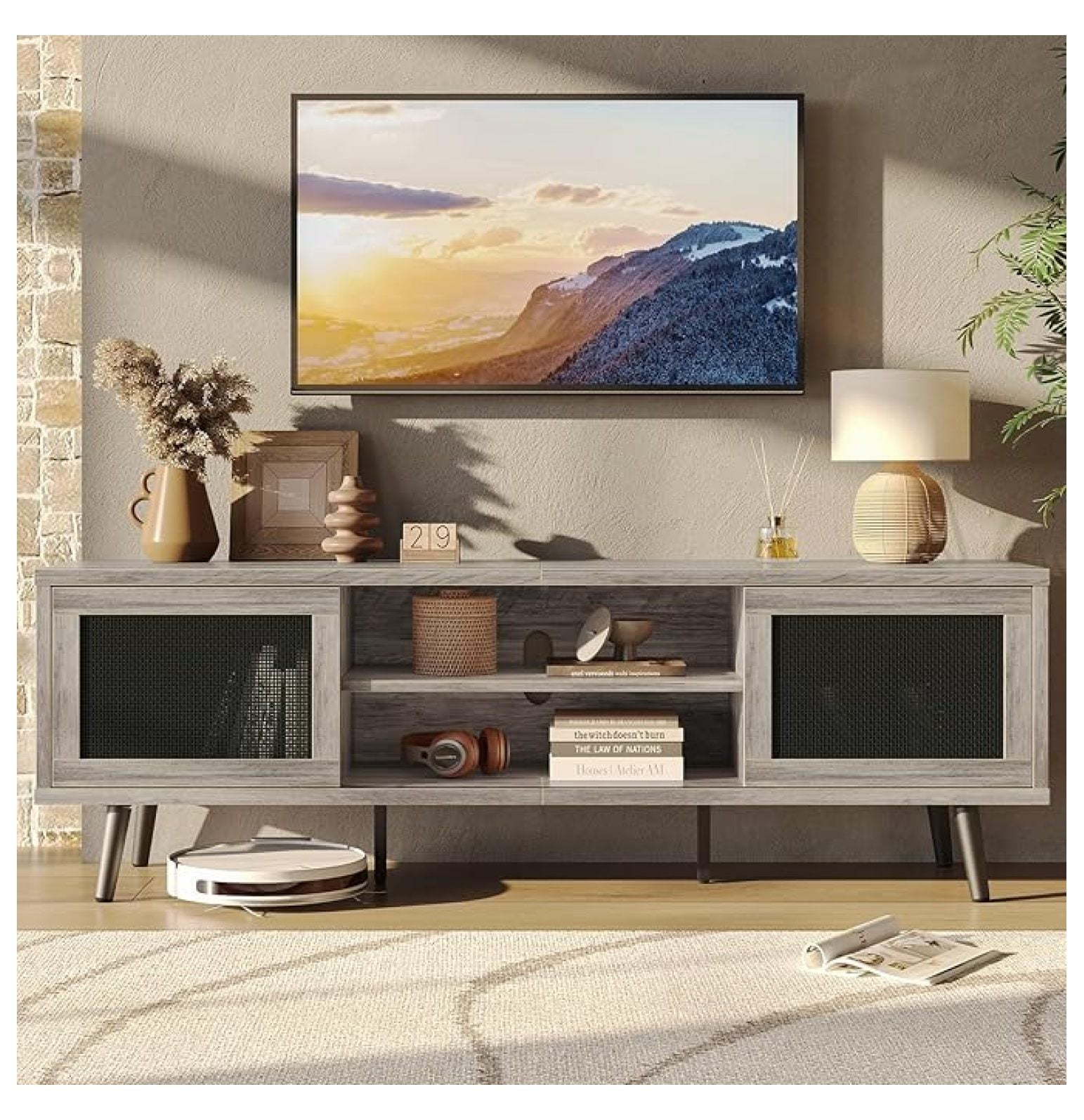 Boho TV Stand for TVs Up to 75 Inch, Rattan Entertainment Center with ...