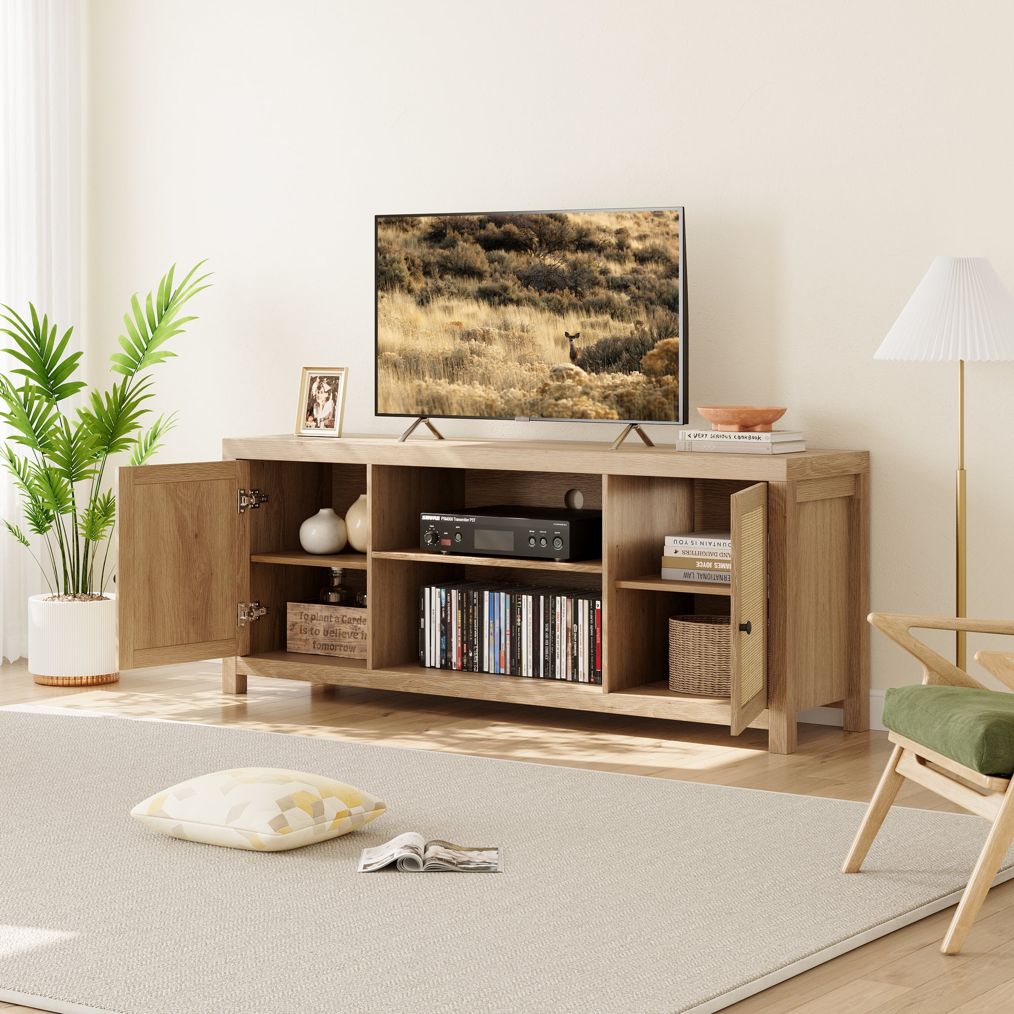 Boho TV Stand for 65 Inch TV,Entertainment Center with 2 Rattan Doors ...