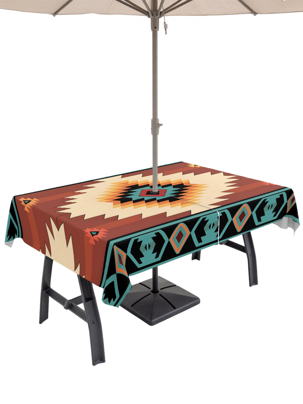 Boho Table Cloth Rectangle Outdoor Tablecloth, Brown Turquoise Abstract ...