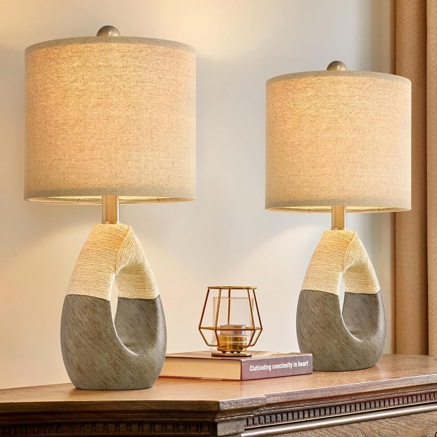 Boho Table Lamps Bedroom Living Room Set 2 Small Farmhouse Rattan Table ...