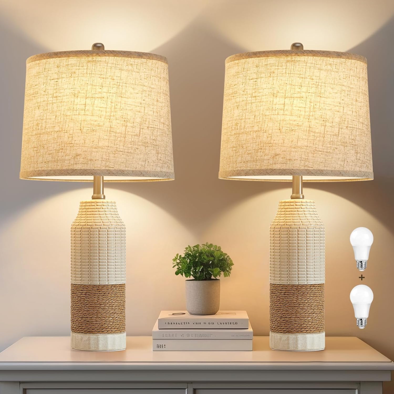 Boho Table Lamps Set of 2, Rattan Bedside Lamps with 3 Color Temperatures - Vintage Farmhouse ...