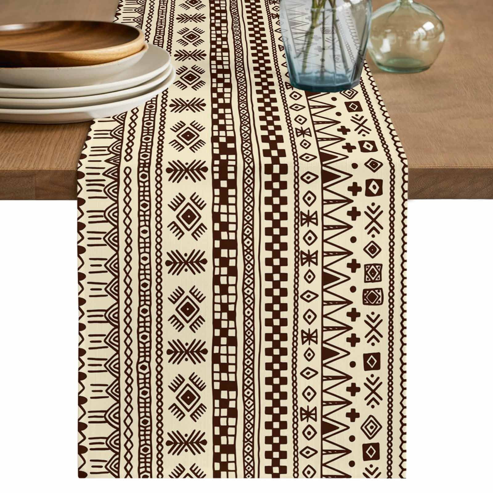 Boho Table Runner 108 Inches, Beige Brown Traditional Ethnic Geometric ...